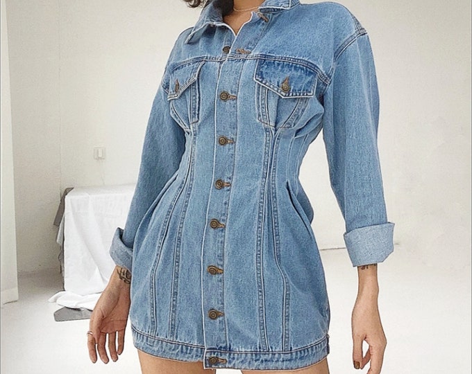 Pinched Waist Denim Dress in Blue, Black Korean Fashion Retro Women Spring Summer Casual Jacket ...