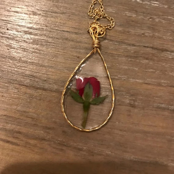 Water Drop Resin Gold Color Wire Wrapped Real Rose Pendant - Etsy