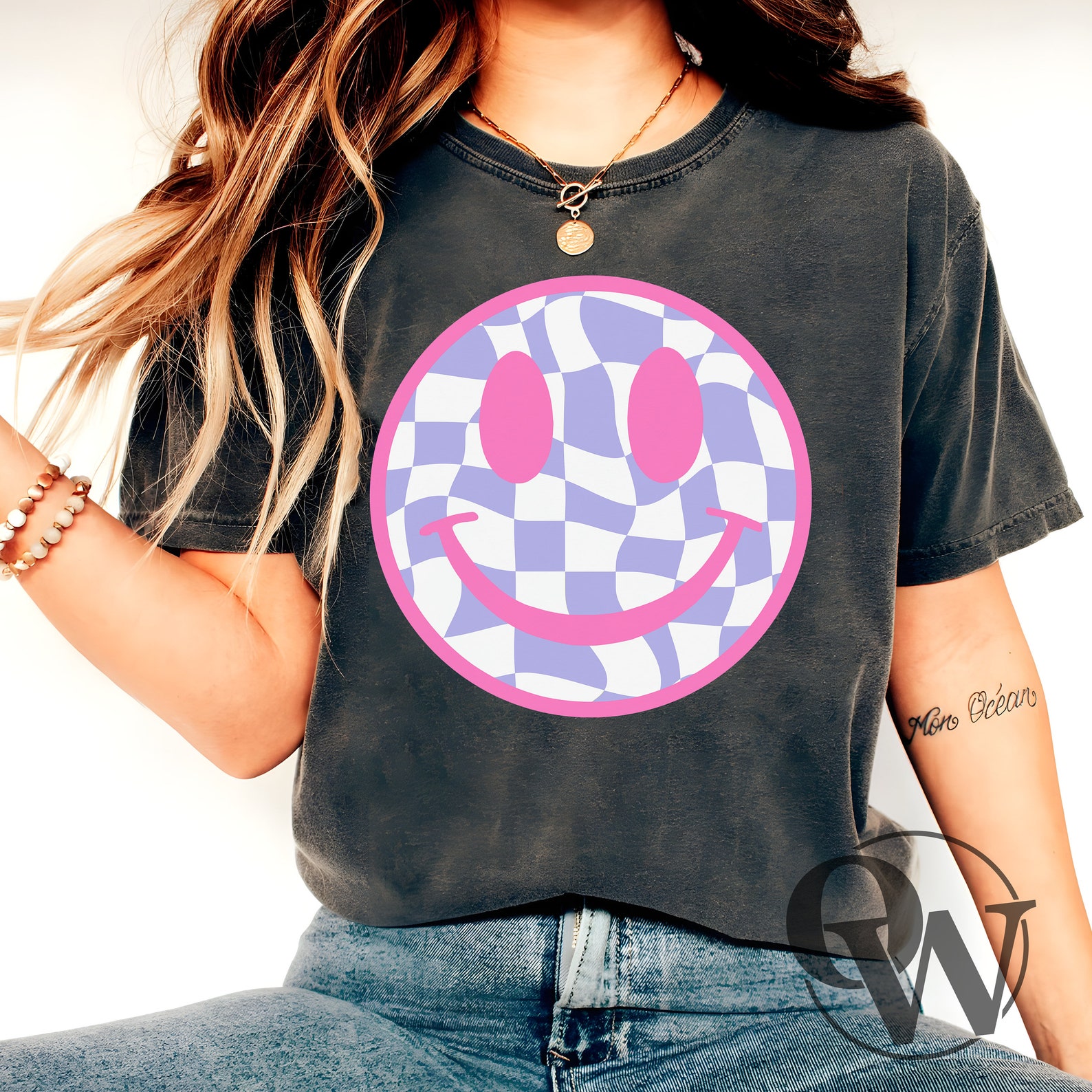 Blue Checkered Smile Face, Smiley Face PNG, Retro Checkered Smile Face ...