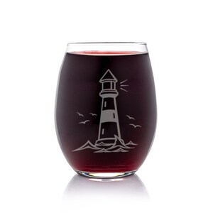 Lighthouse Stemless Wine Glass - Lighthouse Gift, Coastal Gift, Cottage ...