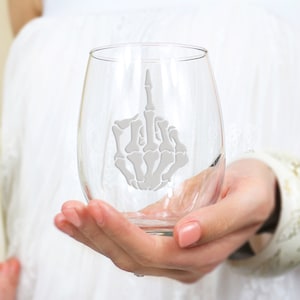 Skeleton Middle Finger Stemless Wine Glass - Skeleton Gift, Middle ...