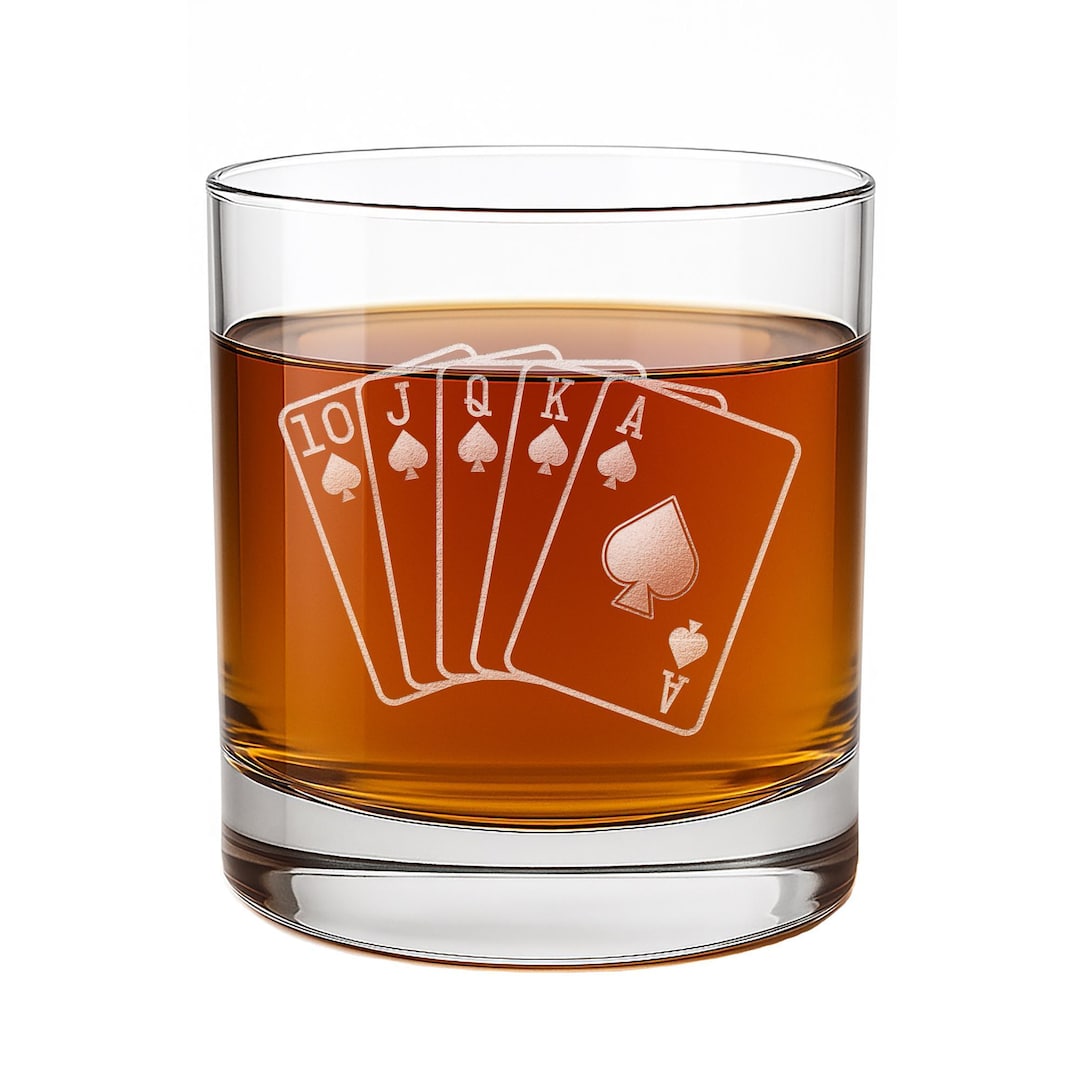 Royal Flush Poker Round Rocks Glass, Whiskey Glass, Poker Decor, Casino ...