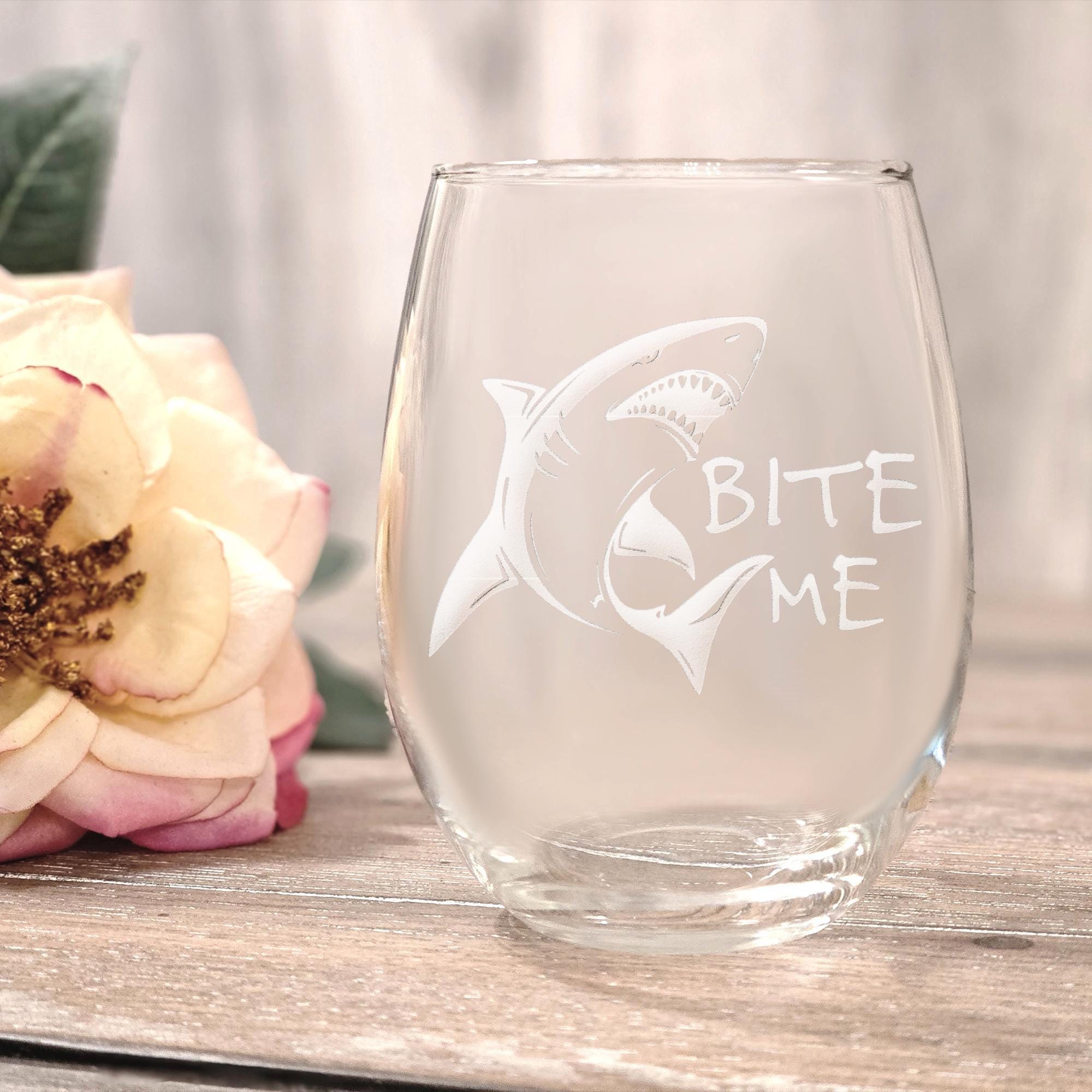 Bite Me Shark Week Stemless Wine Glass - Shark Week Gift, Shark Week ...