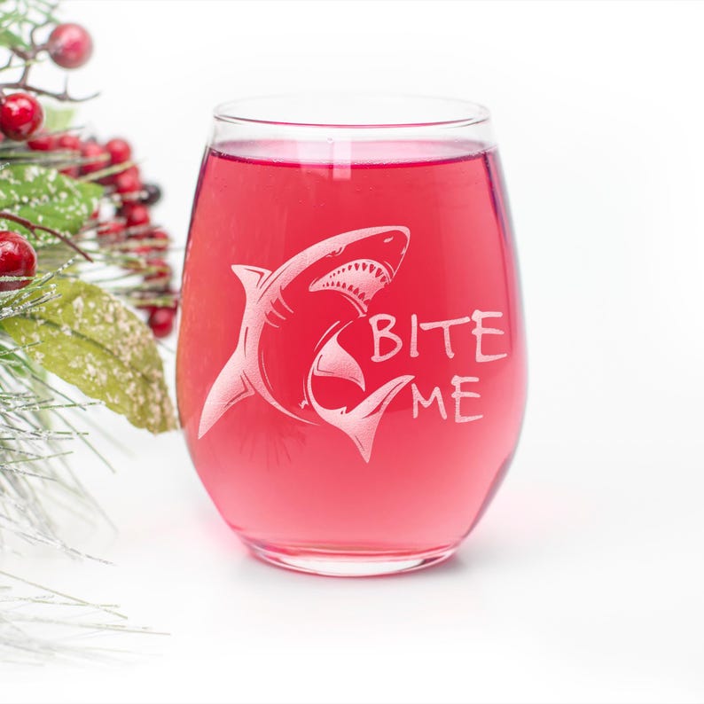 Bite Me Shark Week Stemless Wine Glass - Shark Week Gift, Shark Week ...