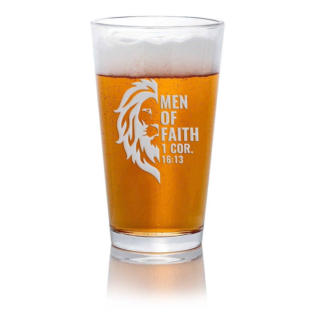 Men of Faith Lion Pint Beer Glass - Faithful Ferment, Scripture Gift ...
