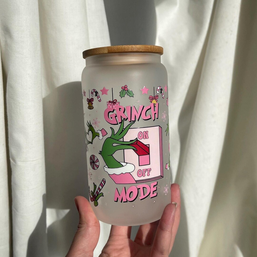 16oz Grinch Mode on Libbey Cup Frosted Glass Tumbler With Bamboo Lid ...