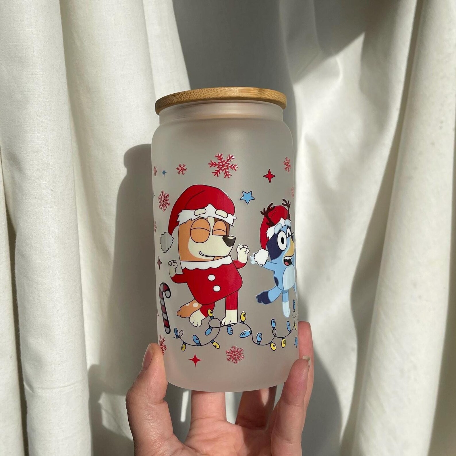 16oz Xmas Bluey Theme Libbey Cup Frosted Glass Tumbler With Bamboo Lid ...