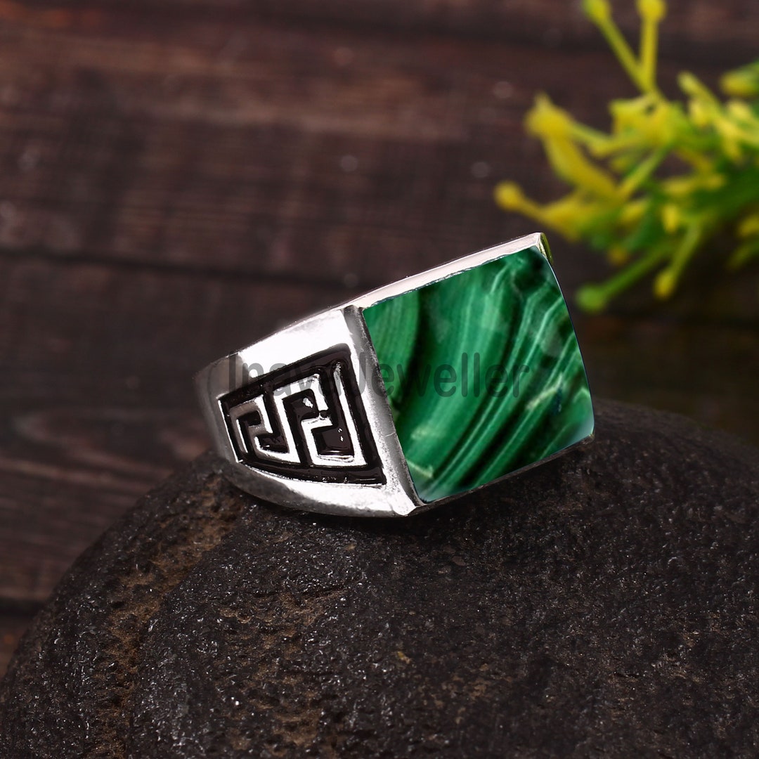 Solid 925 Sterling Silver Mens Ring, Natural Malachite Mens Ring ...