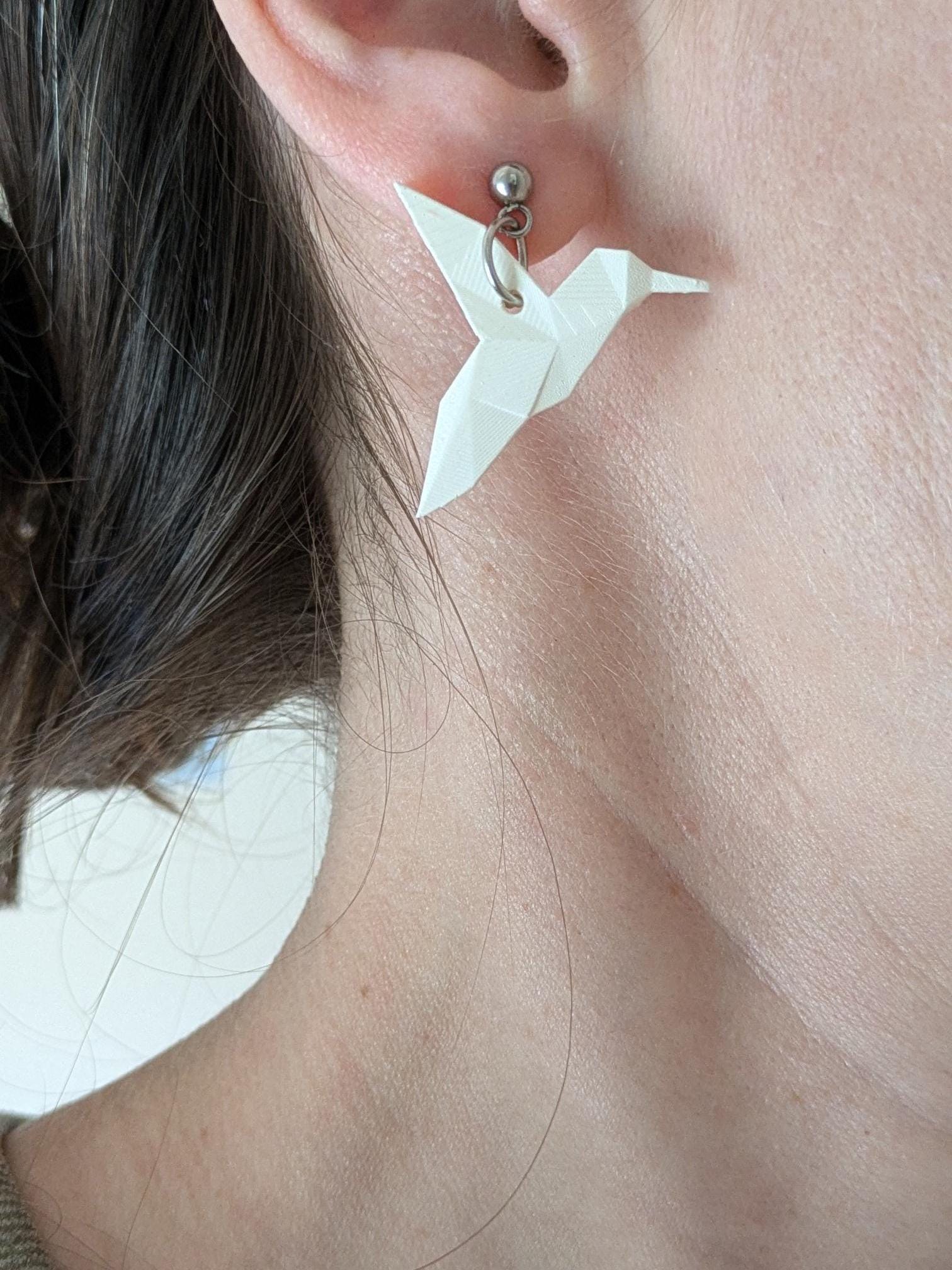 Origami Hummingbird Stud Earrings: Geometric White Resin Bird Jewellery ...