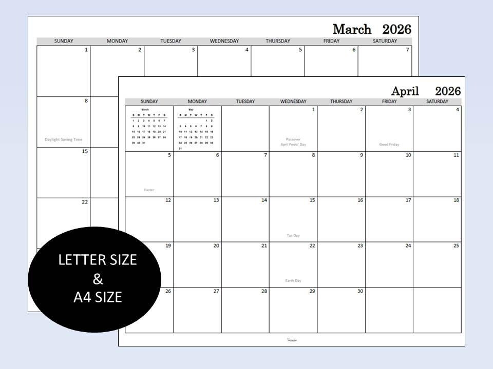 2026 Monthly Calendar Printable, Plain Calendar, Planner Calendar ...