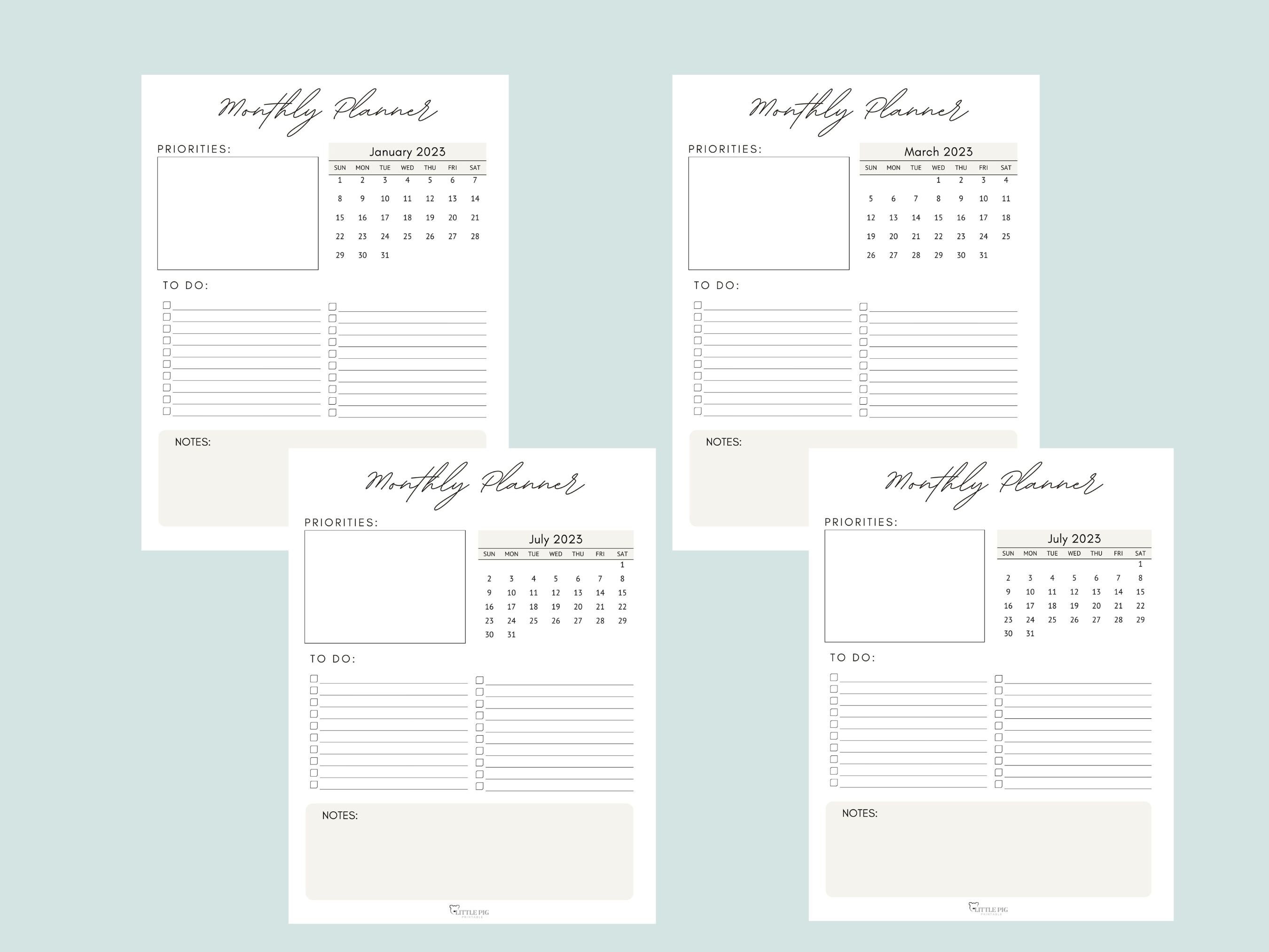 Vertical Monthly Planner Printable to Do List, Calendar 2023, Simple ...