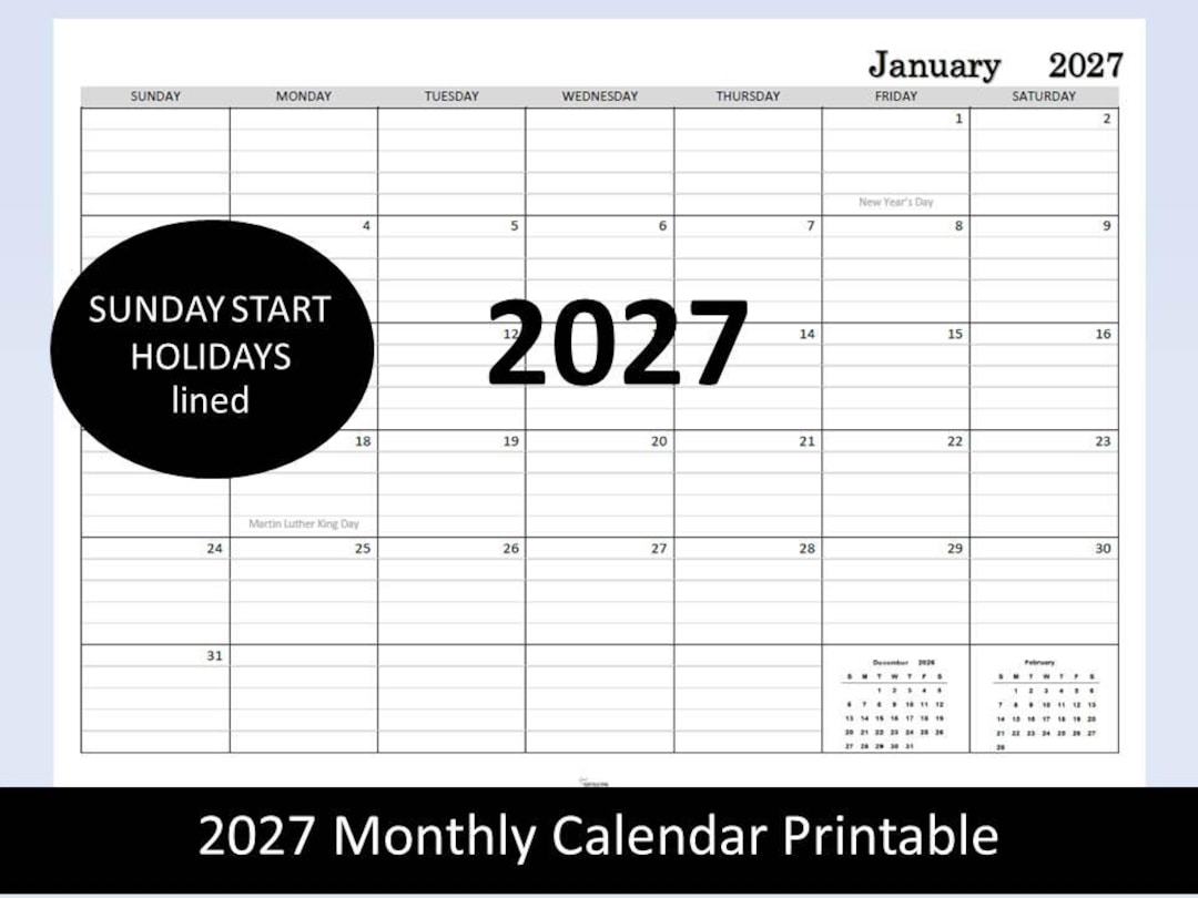 2027 Monthly Calendar Printable, Lined Calendar, Sunday Start, Planner ...