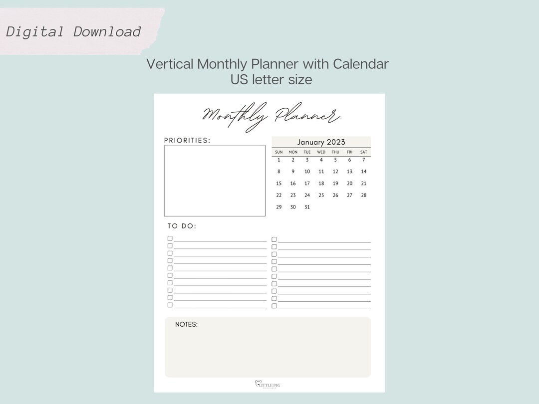 Vertical Monthly Planner Printable to Do List, Calendar 2023, Simple ...