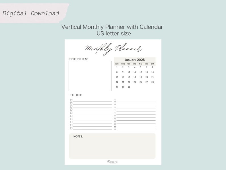 Vertical Monthly Planner Printable to Do List, Calendar 2023, Simple ...