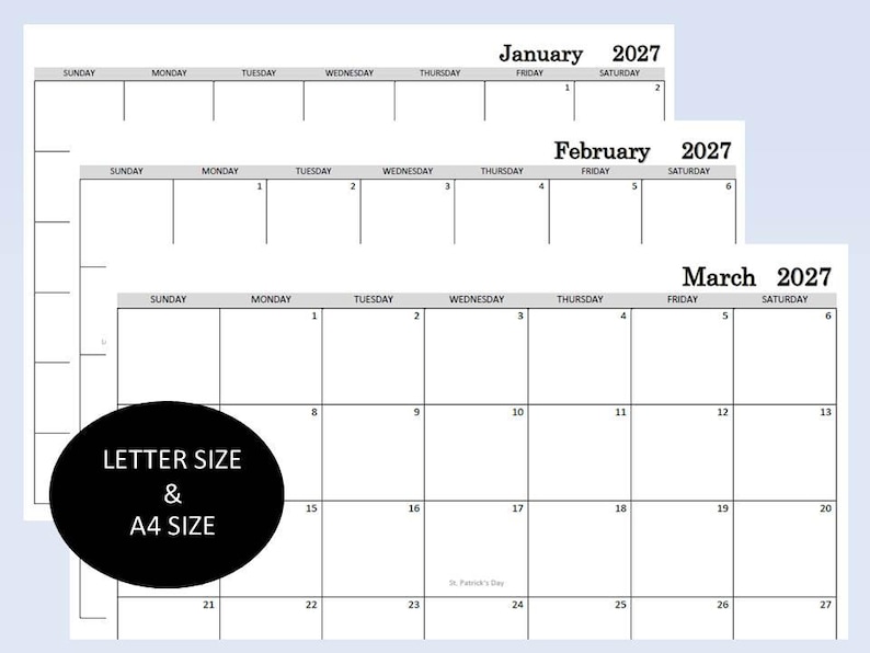 2027 Monthly Calendar Printable, Plain Calendar, Planner Calendar ...