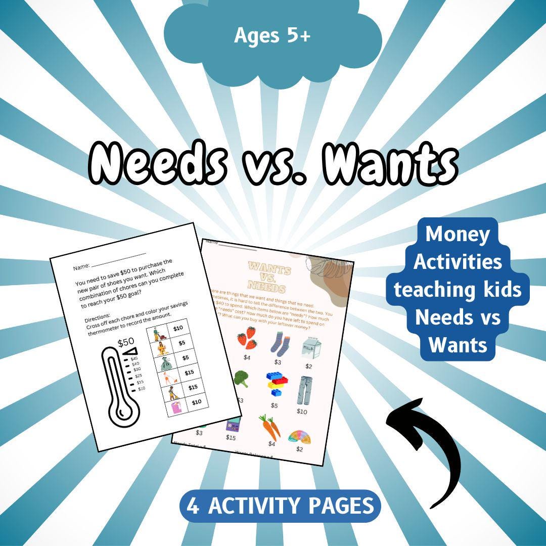 Needs Vs. Wants Kids Activity Worksheets | 4-page Financial Literacy ...