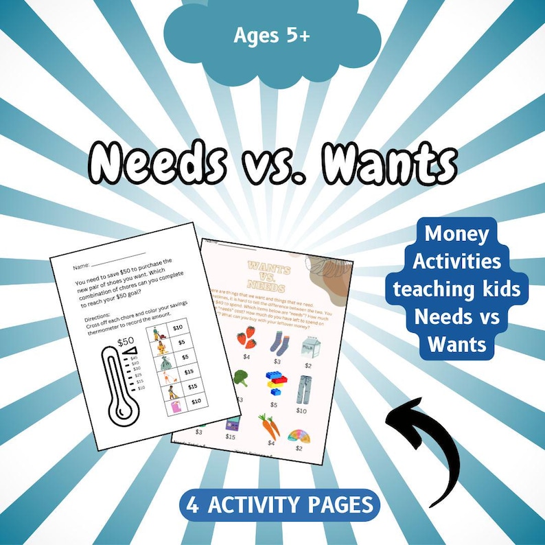 Needs Vs. Wants Kids Activity Worksheets 4-page Financial Literacy Pack ...