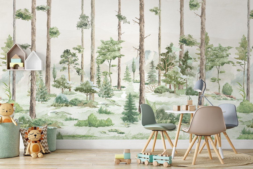 Kids Forest Wallpaper, Watercolor Forest Landscape Wall Mural, Nursery ...