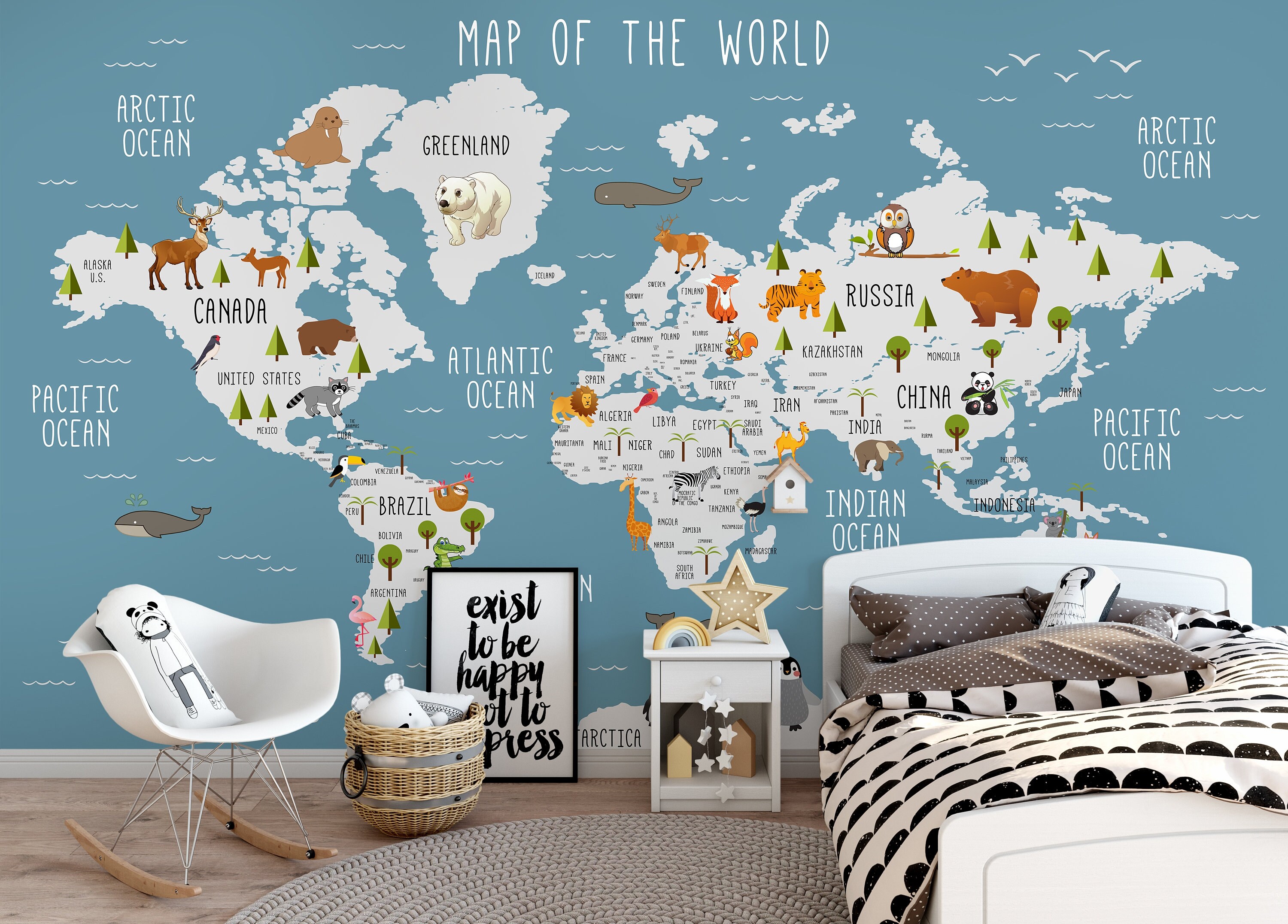 Kids Wallpaper Peel and Stick | Cute World Map With Animals Wall Murals ...