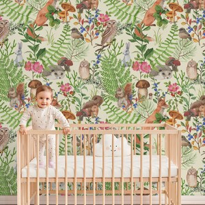 Woodland Animals Kids Wallpaper Watercolor Forest Animals Wall - Etsy