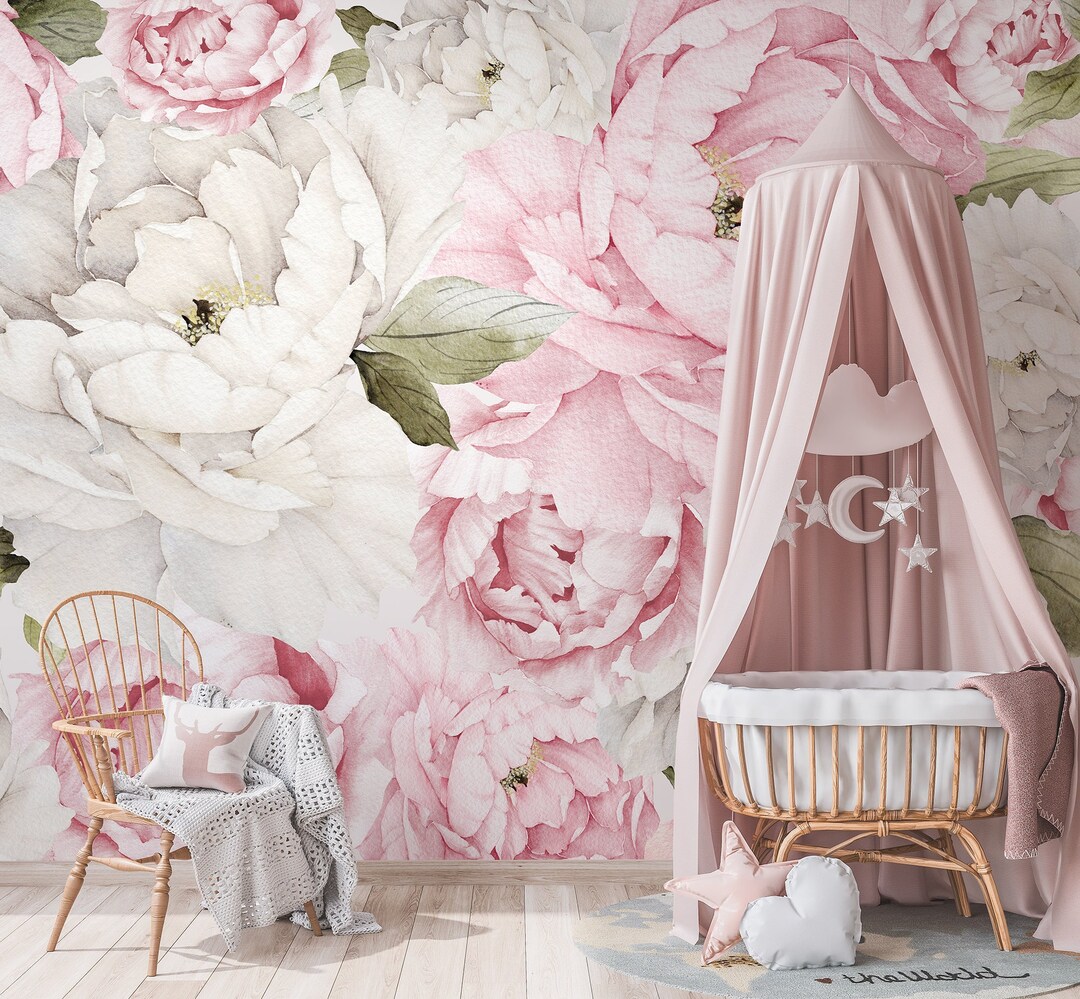 Kids Watercolor Peony Wallpaper | Girls Room Pink Peony Floral Wall ...