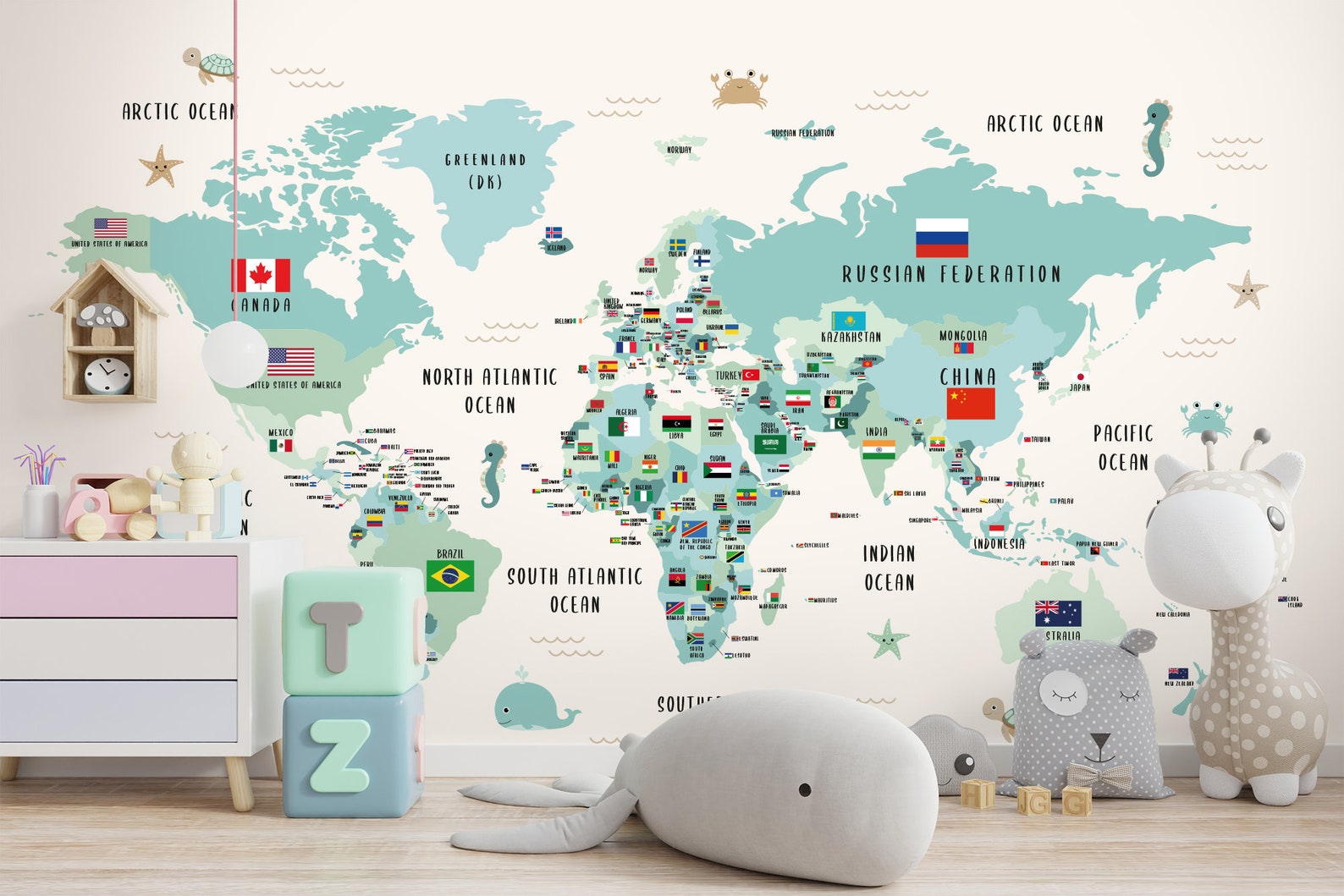 Kids Map Wallpaper Cute World Map With Country Flags Wall Mural Peel ...