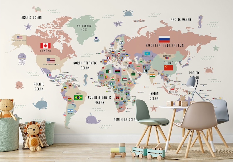 Kids Map Wallpaper Cute World Map With Country Flags Wall Mural Peel ...