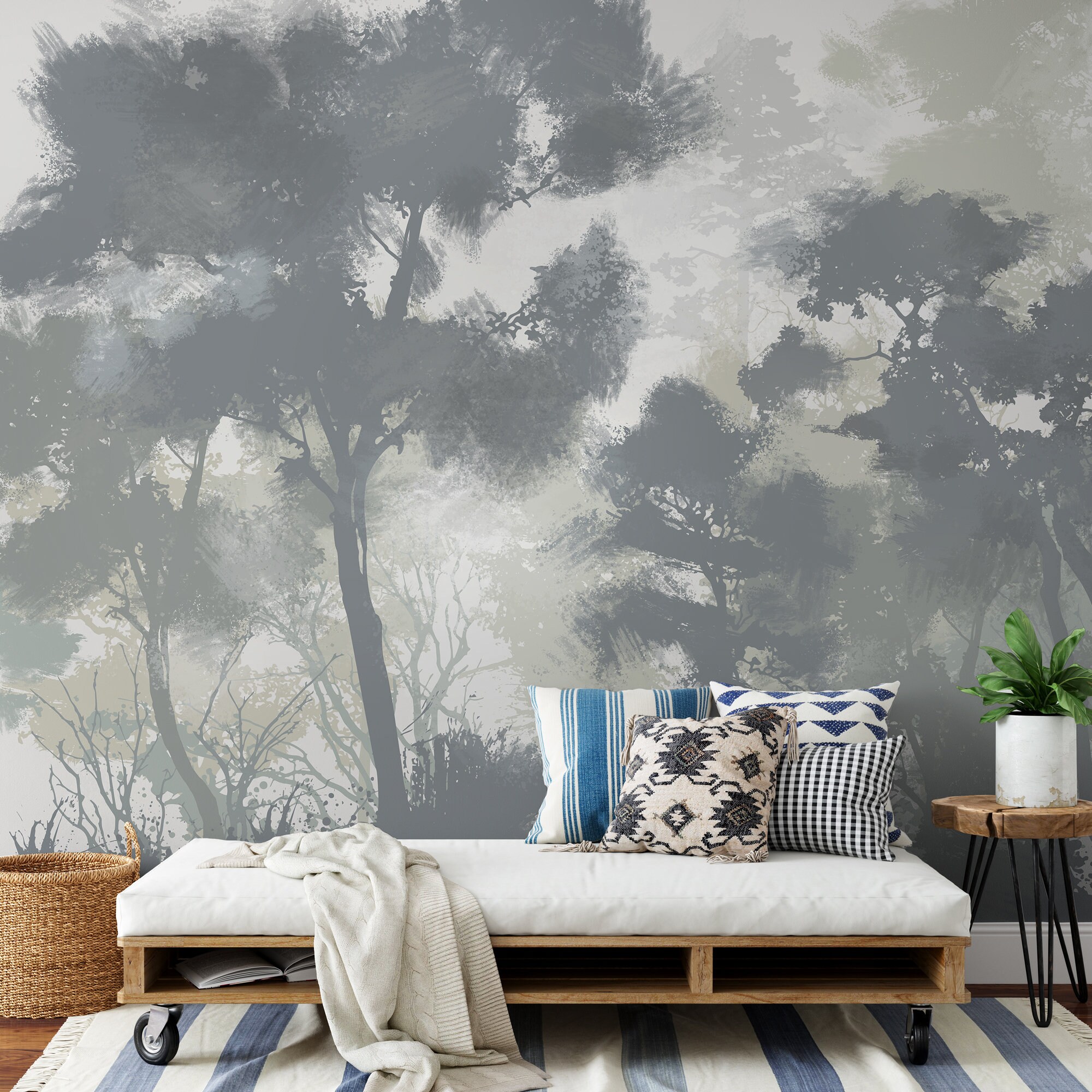 Monochrome Tree Wallpaper Soft Forest Landscape Wall Mural - Etsy