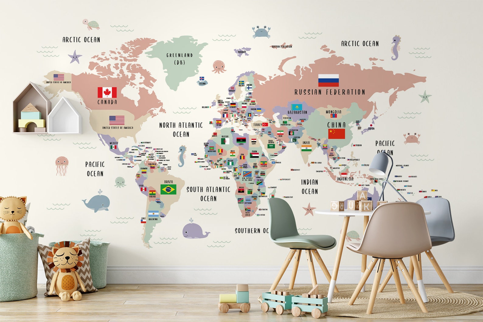 Kids Map Wallpaper Cute World Map With Country Flags Wall - Etsy India