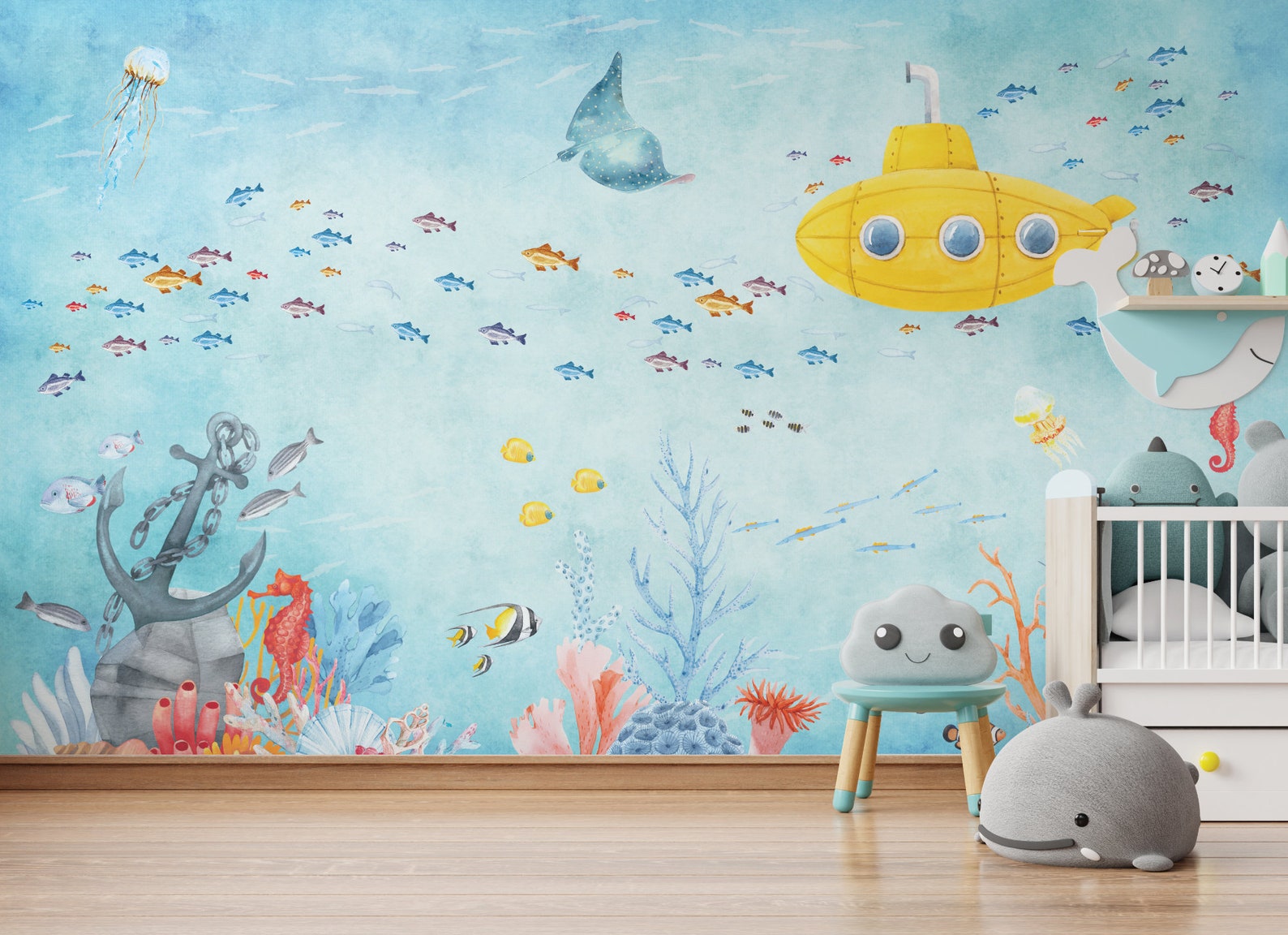 Kids Undersea Ocean Wallpaper Cute Fishes With Submarine Wall - Etsy