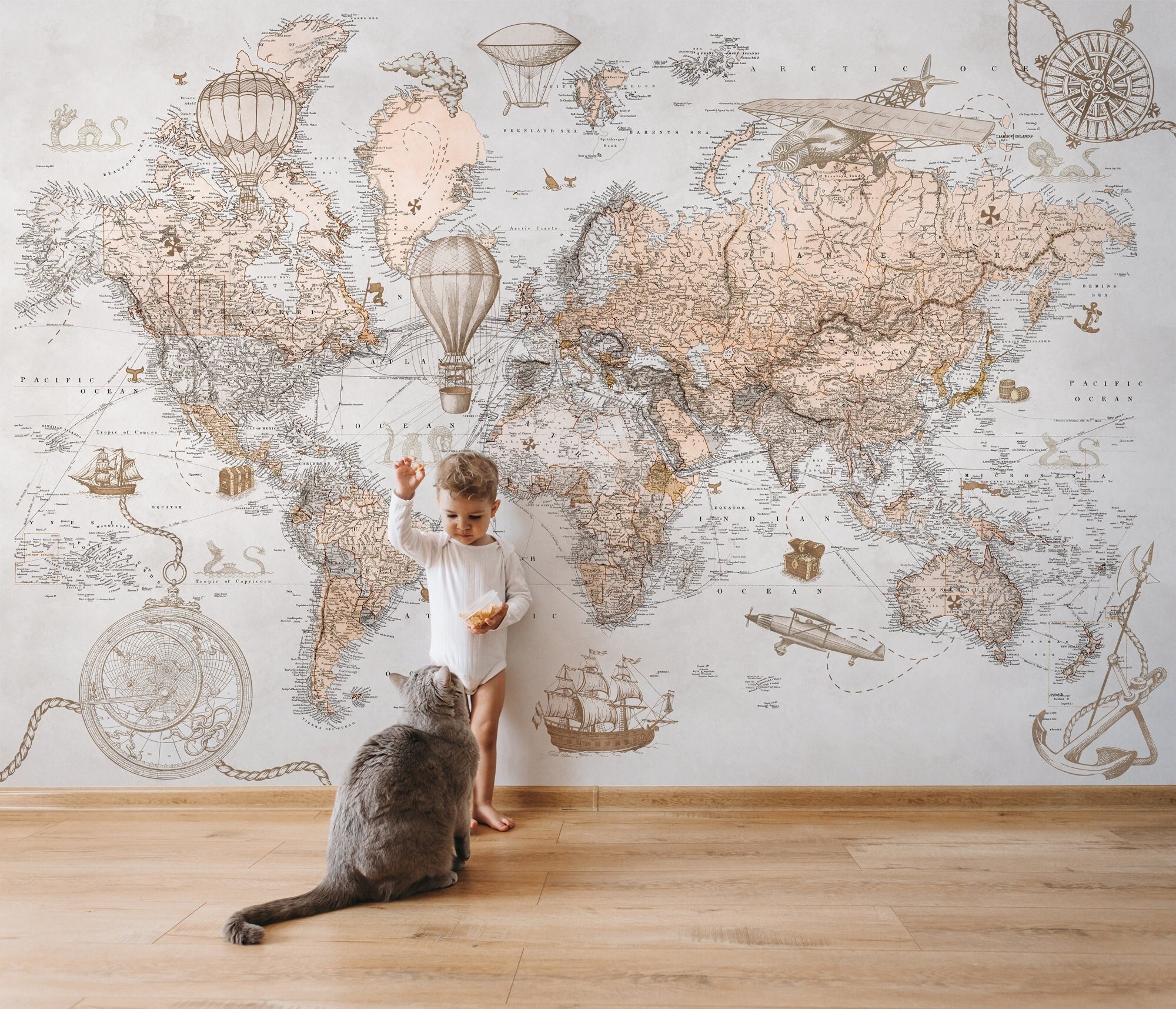 Kids Old Map Wallpaper Peel and Stick | Kids Vintage World Map Wall ...