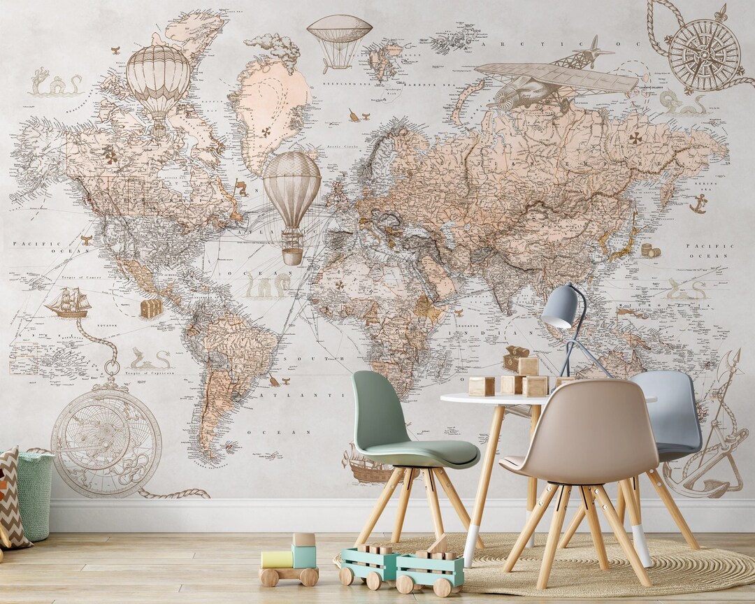 Kids Old Map Wallpaper Peel and Stick | Kids Vintage World Map Wall ...