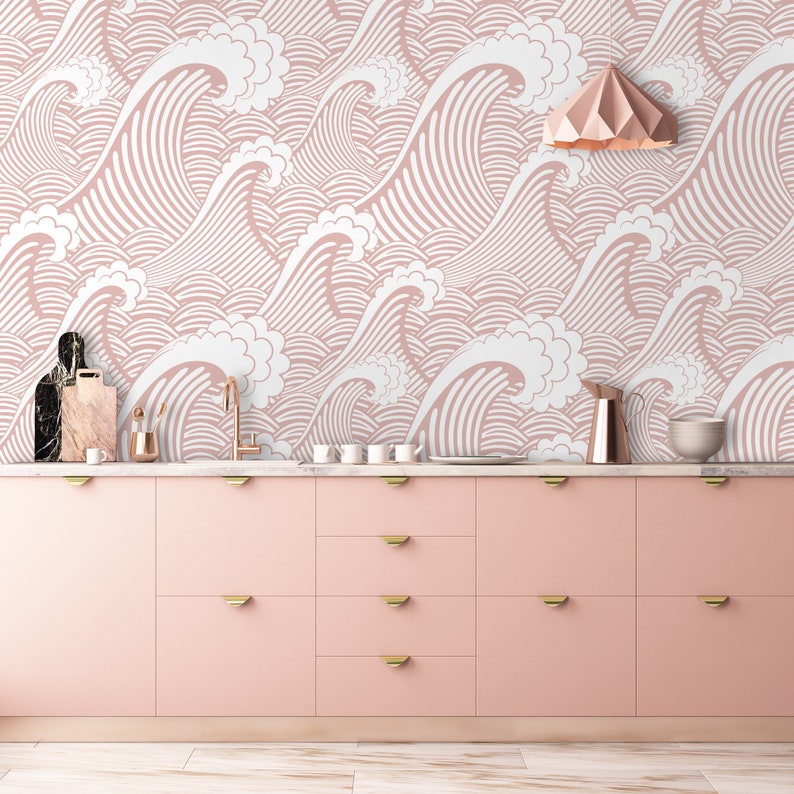 Wave Wallpaper Peel and Stick Pink Blue Ocean Waves Wall - Etsy
