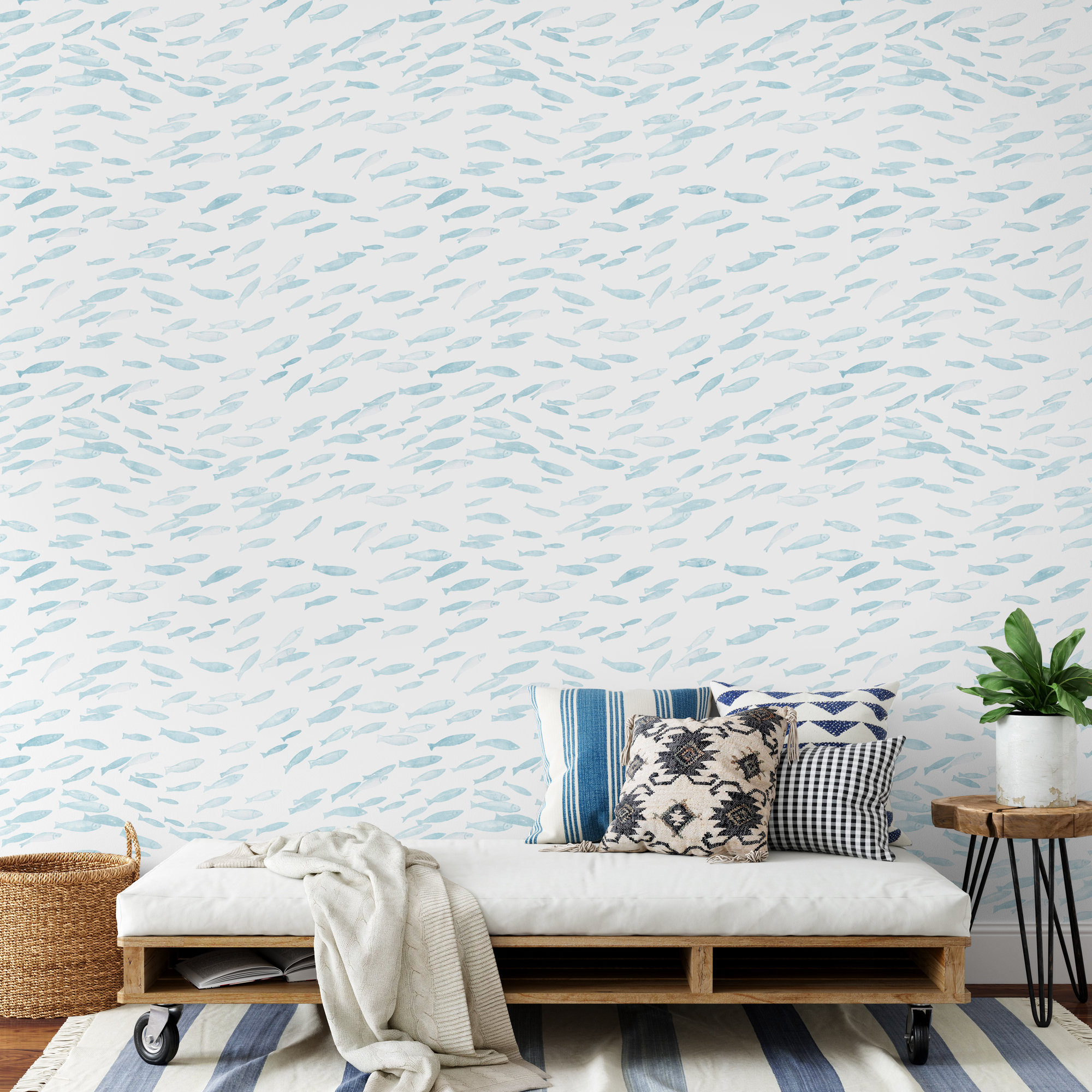 Fish Wallpaper Peel and Stick | Watercolor School Fish Wall Mural ...