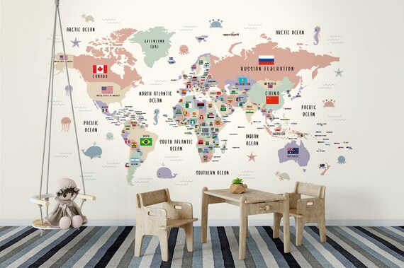 Kids Map Wallpaper Cute World Map With Country Flags Wall - Etsy