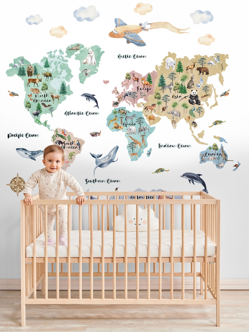 Kids Map Wall Decal Watercolor Kids World Map Wall Sticker - Etsy
