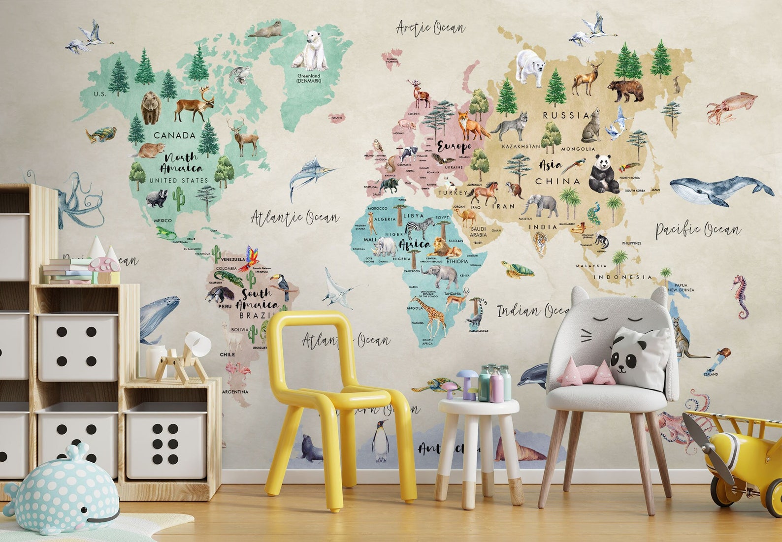 Kids Watercolor Map Wallpaper Educational Map Wall Mural Peel and Stick ...