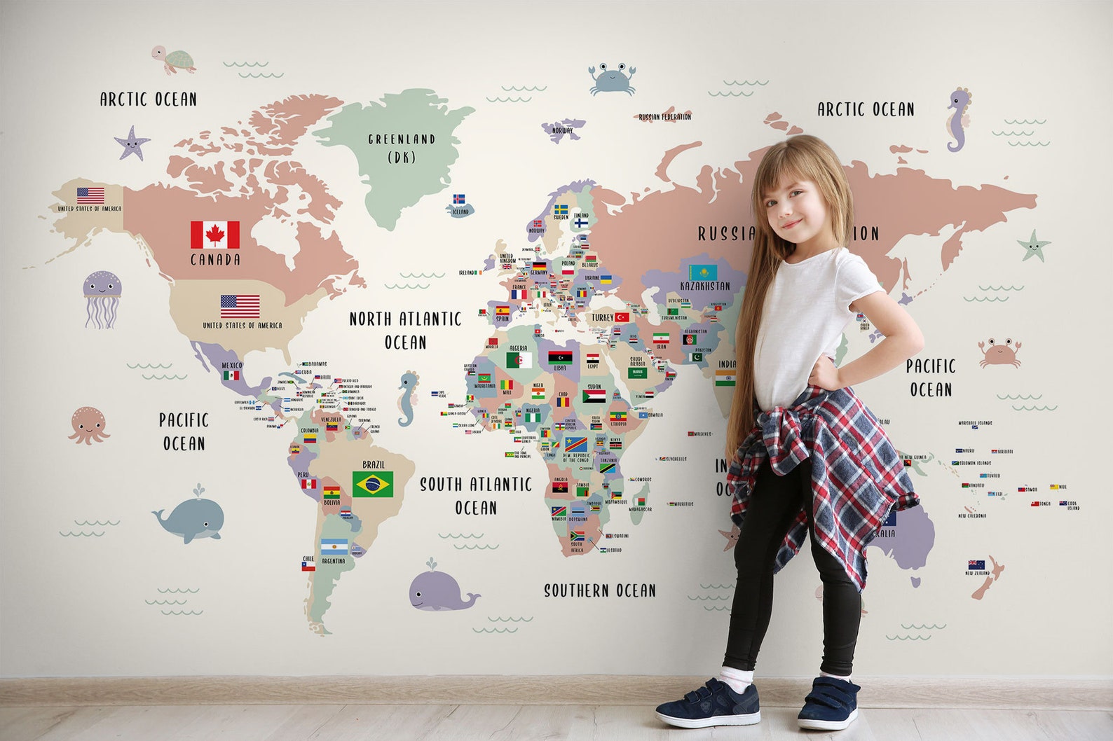 Kids Map Wallpaper Cute World Map With Country Flags Wall Mural Peel ...