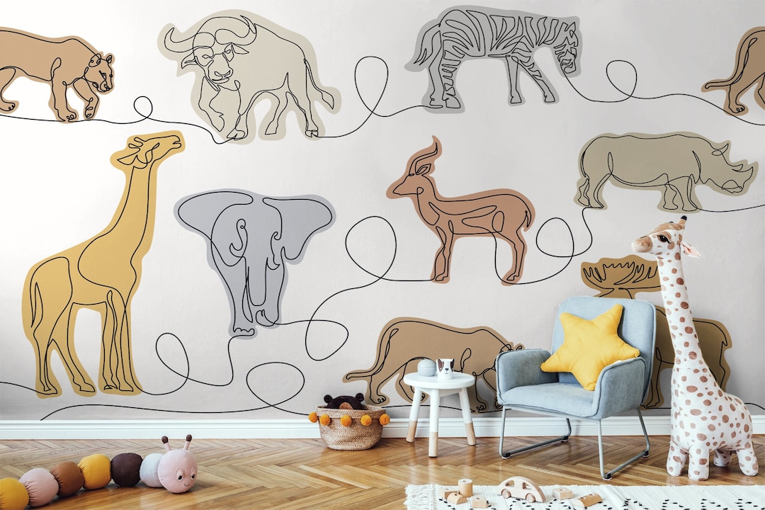 Line Art Animal Wallpaper | Minimal Style Animals Drawing Wall Mural ...