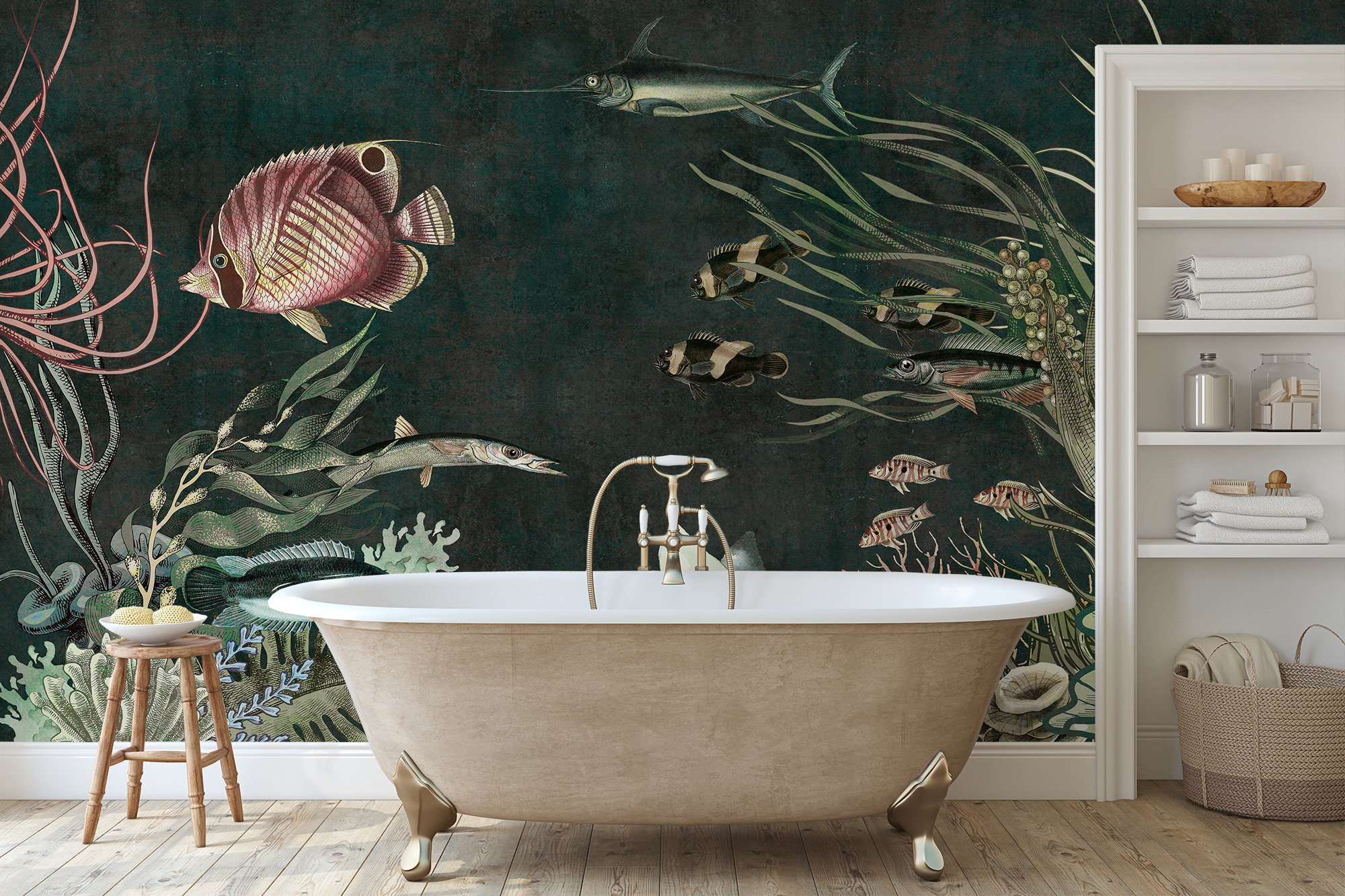 Nostalgic Underwater Art Wallpaper Vintage Fish Wall Mural Peel and ...