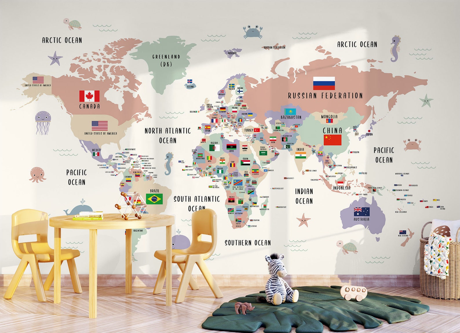 Kids Map Wallpaper Cute World Map With Country Flags Wall Mural Peel ...