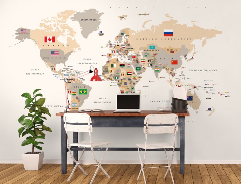 Map Wallpaper Political World Map With Country Flag Wall Mural - Etsy