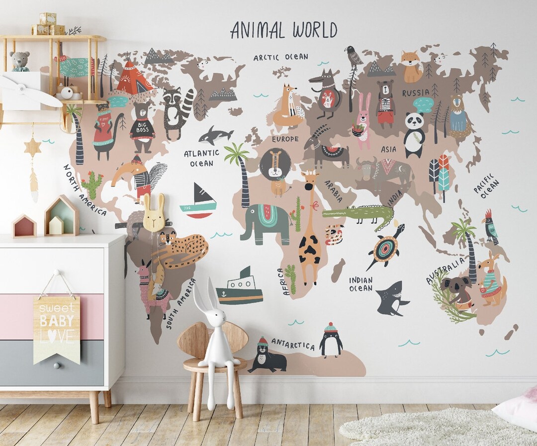 Kids Map Wallpaper | Cartoon Animals Nursery World Map Wall Mural ...
