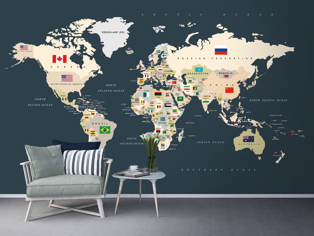 Map Wallpaper Political World Map With Country Flag Wall Mural - Etsy
