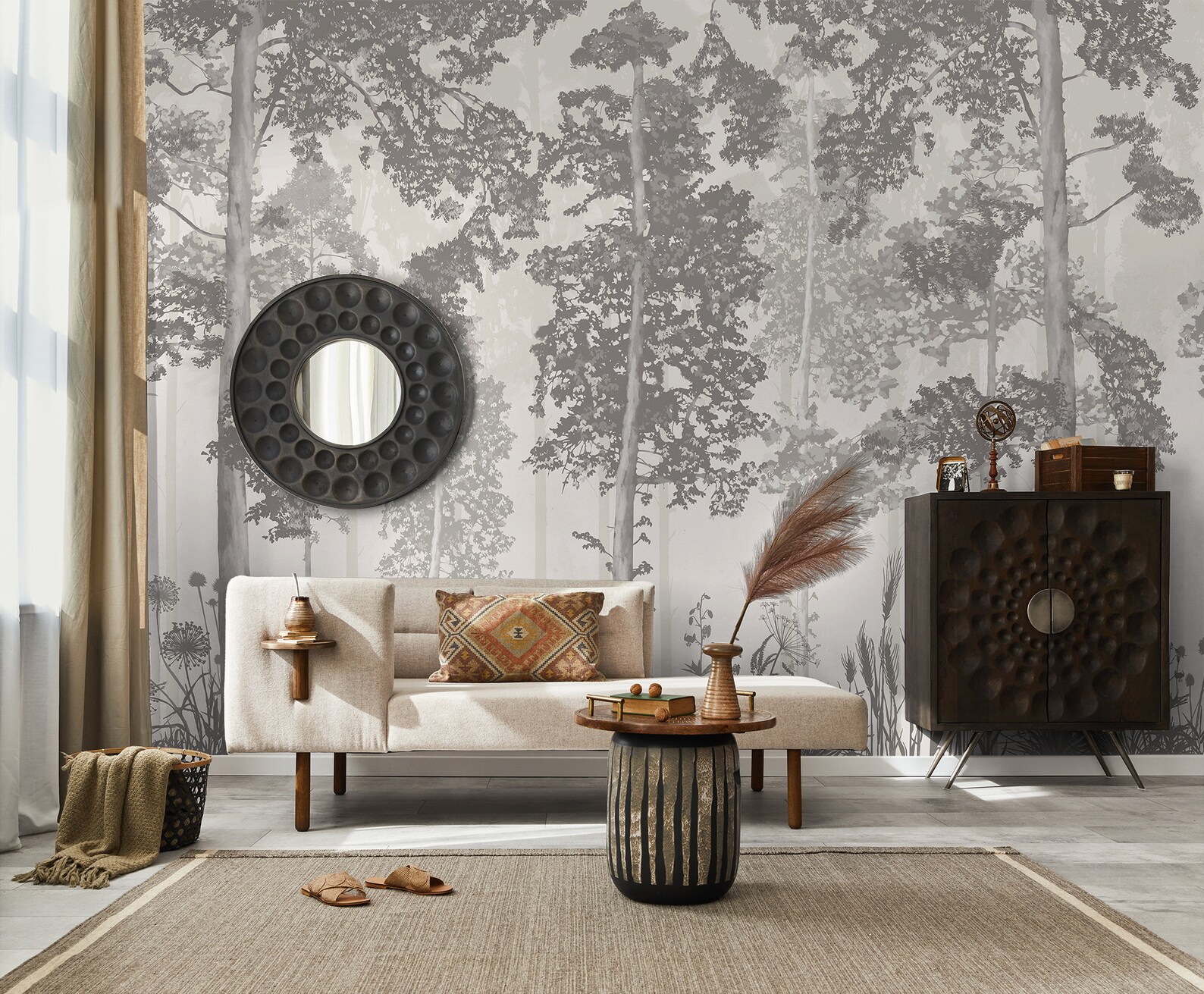 Tree Wallpaper Peel and Stick Monochrome Forest Landscape Silhouette ...