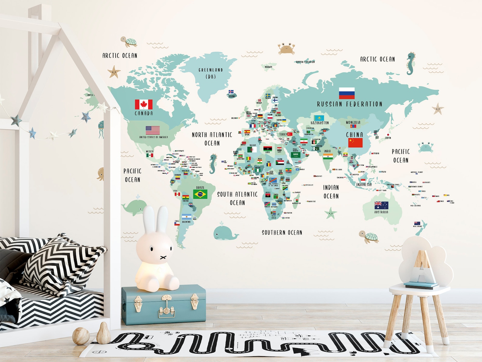 Kids Map Wallpaper Cute World Map With Country Flags Wall - Etsy India