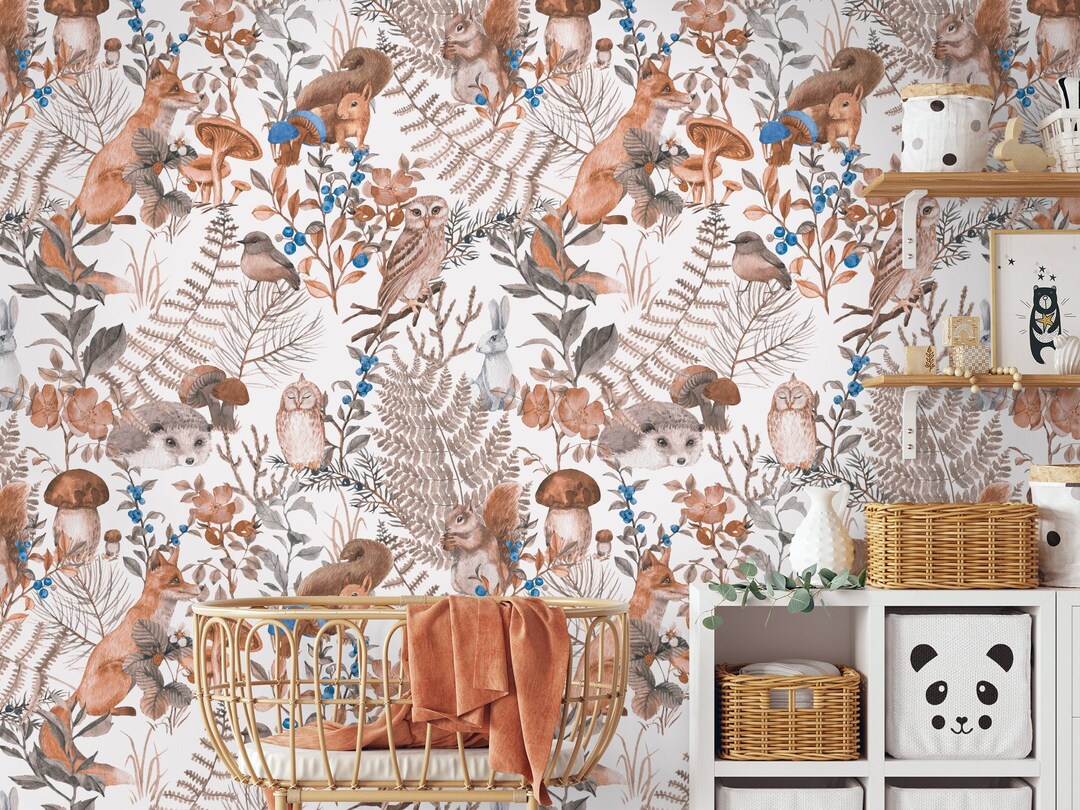 Woodland Animals Kids Wallpaper Watercolor Forest Animals Wall Mural ...