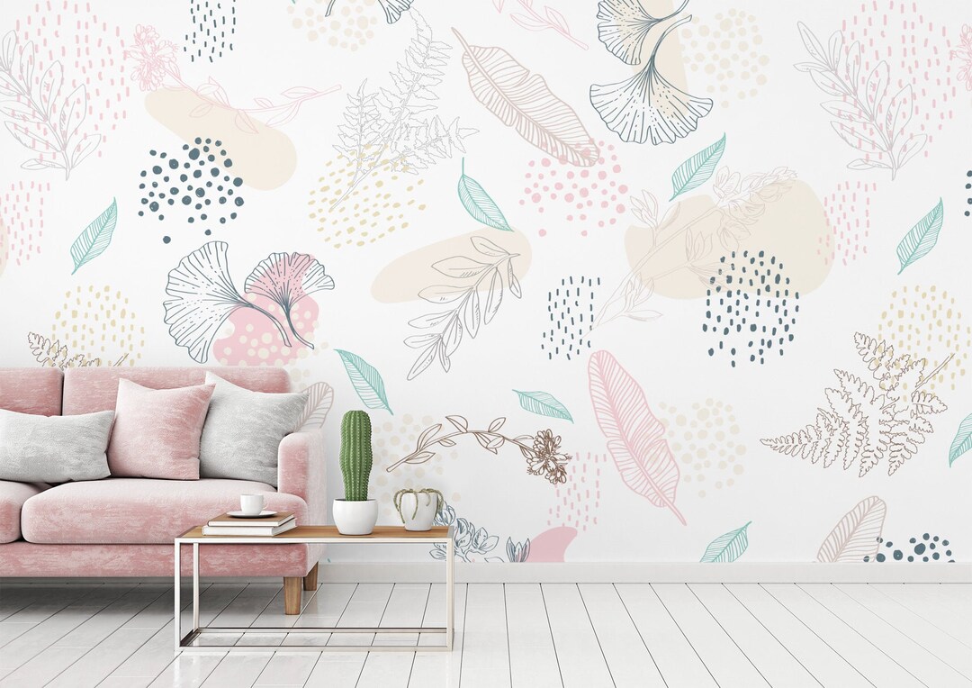 Abstract Lines Art Wallpaper Peel and Stick Hand Drawing Leaves - Etsy