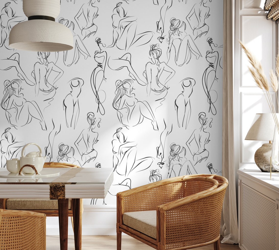 Art Wallpaper Peel and Stick Female Body Line Art Wall Mural - Etsy