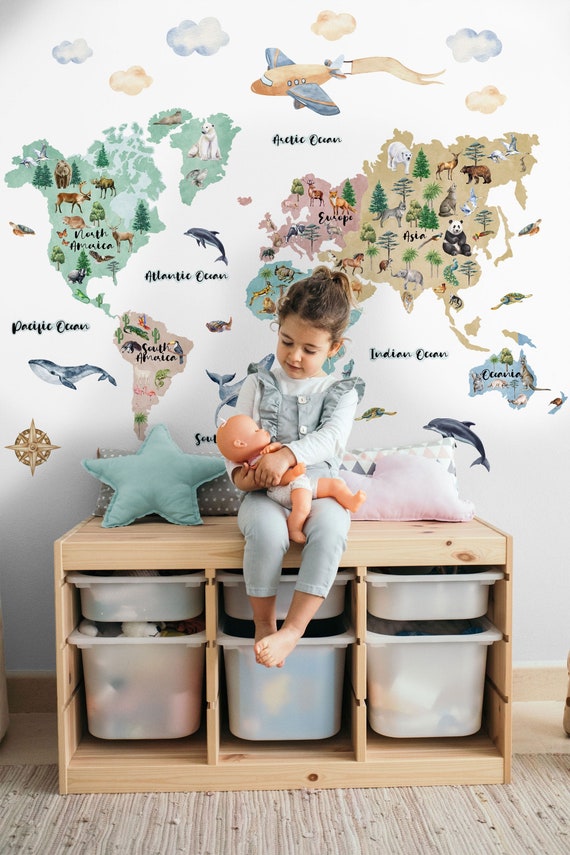 Kids Map Wall Decal Watercolor Kids World Map Wall Sticker - Etsy